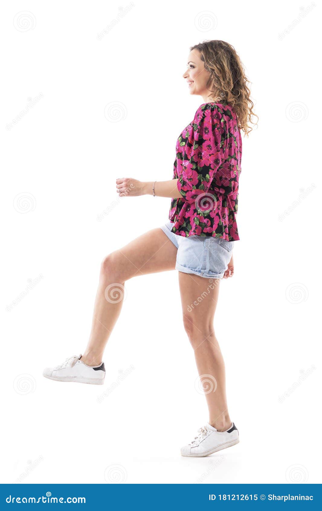 Side View of Confident Happy Young Casual Woman Stepping Up Stairs ... Side View of Confident Happy Young Casual Woman Stepping Up Stairs ...