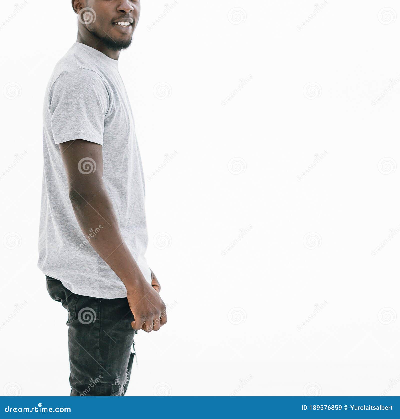 Side View. Confident Young Man in White T-shirt Looking at Came Stock ...