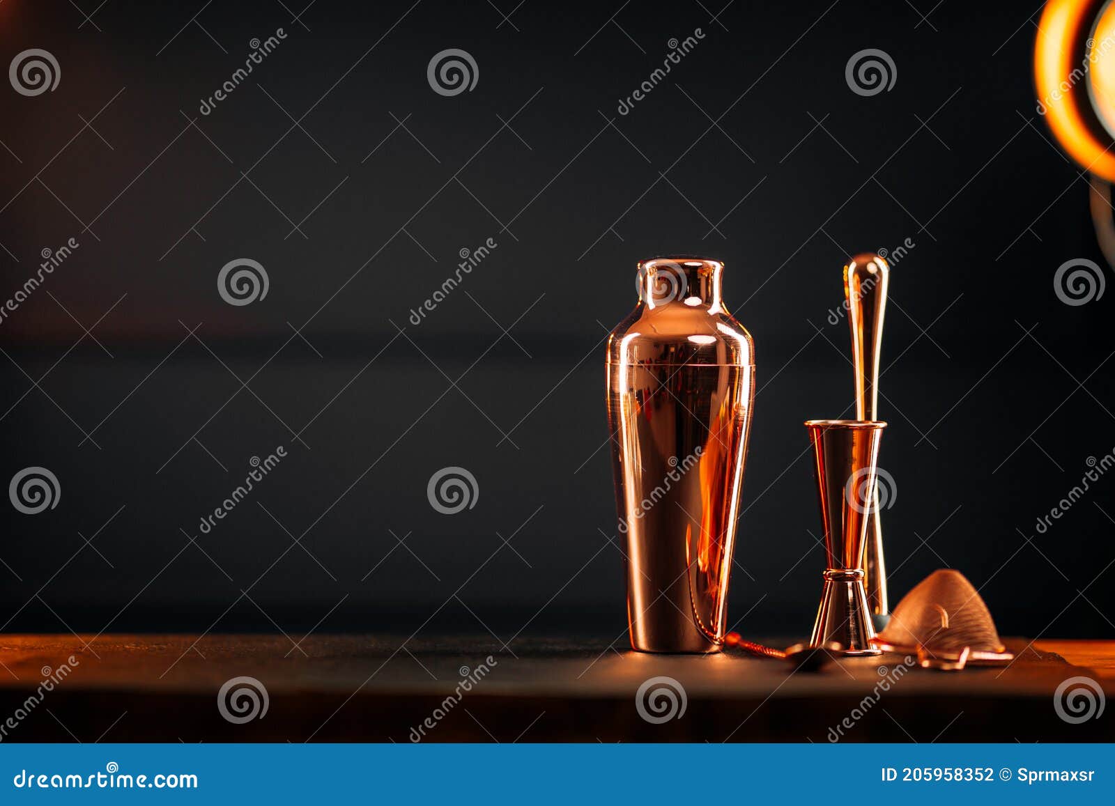 Copper Bar Tools Set with Shaker on Wooden Table Stock Photo - Image of ...