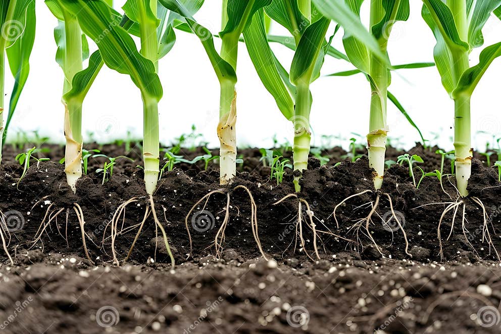 Side View of Corn Plant in Soil Emphasizing Roots and Maize Growth ...