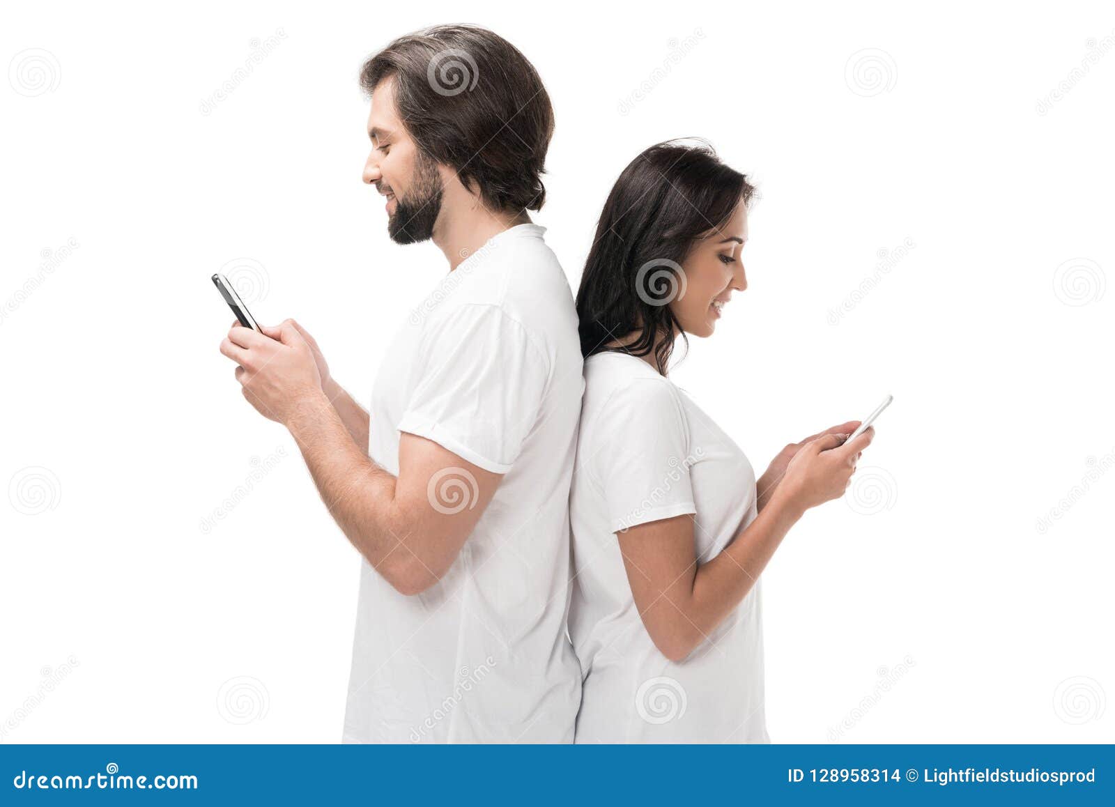 Side View of Couple Using Smartphones Stock Photo - Image of gadgets ...