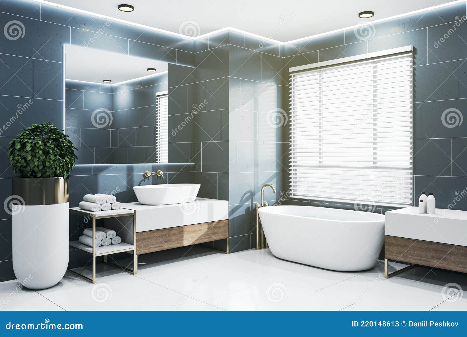 Side View of Creative Bathroom Interior with City View and Daylight ...
