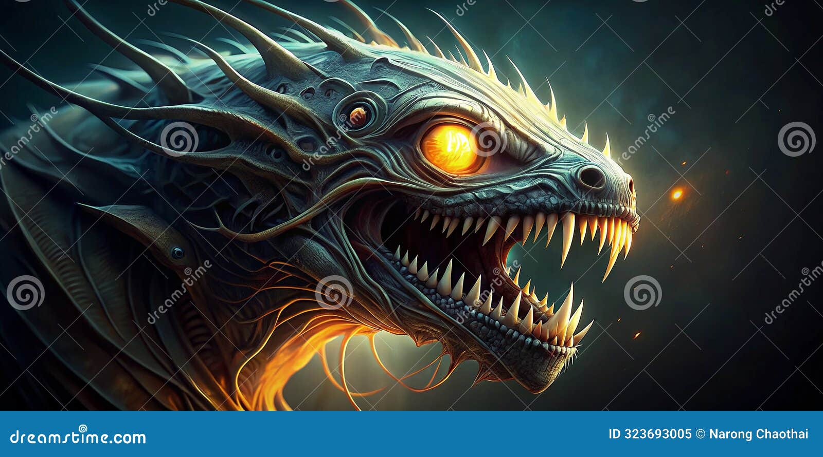 Side View of Creature Head Sharp Teeth Glowing Eye Electric Radiance AI ...