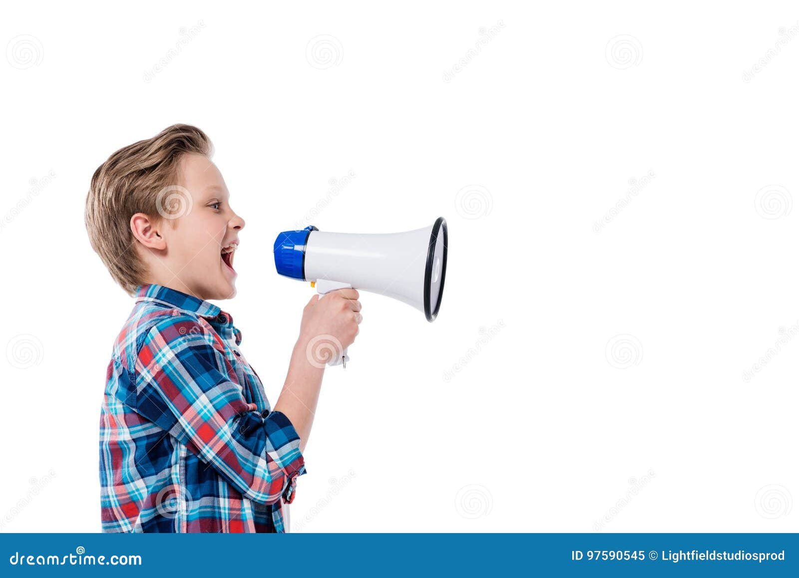 Side View of Cute Little Boy Holding Megaphone and Screaming Stock ...