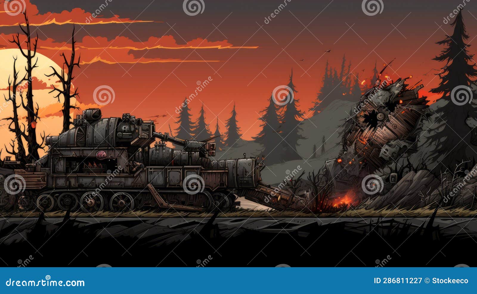 Dark and Detailed Necropunk Tank Scene with Fiery Background Stock ...