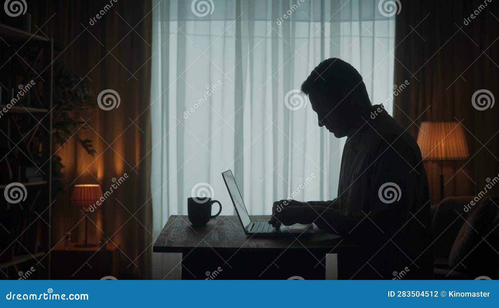 Side View of a Dark Silhouette of a Man at a Table in Front of a Laptop ...