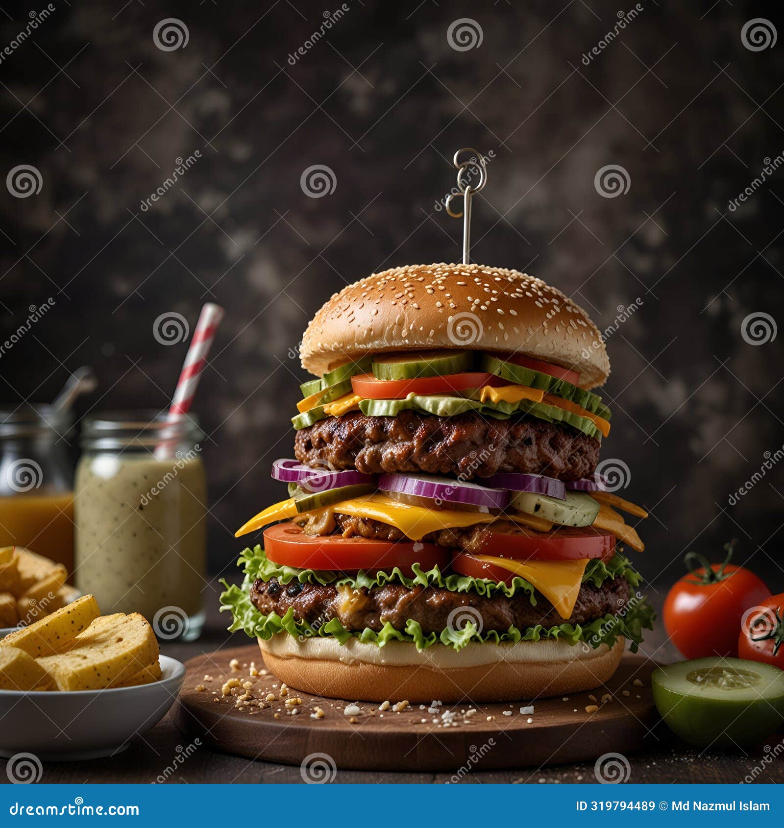 Side View of Delicious Hamburger in Restaurant Kitchen with Fire on ...