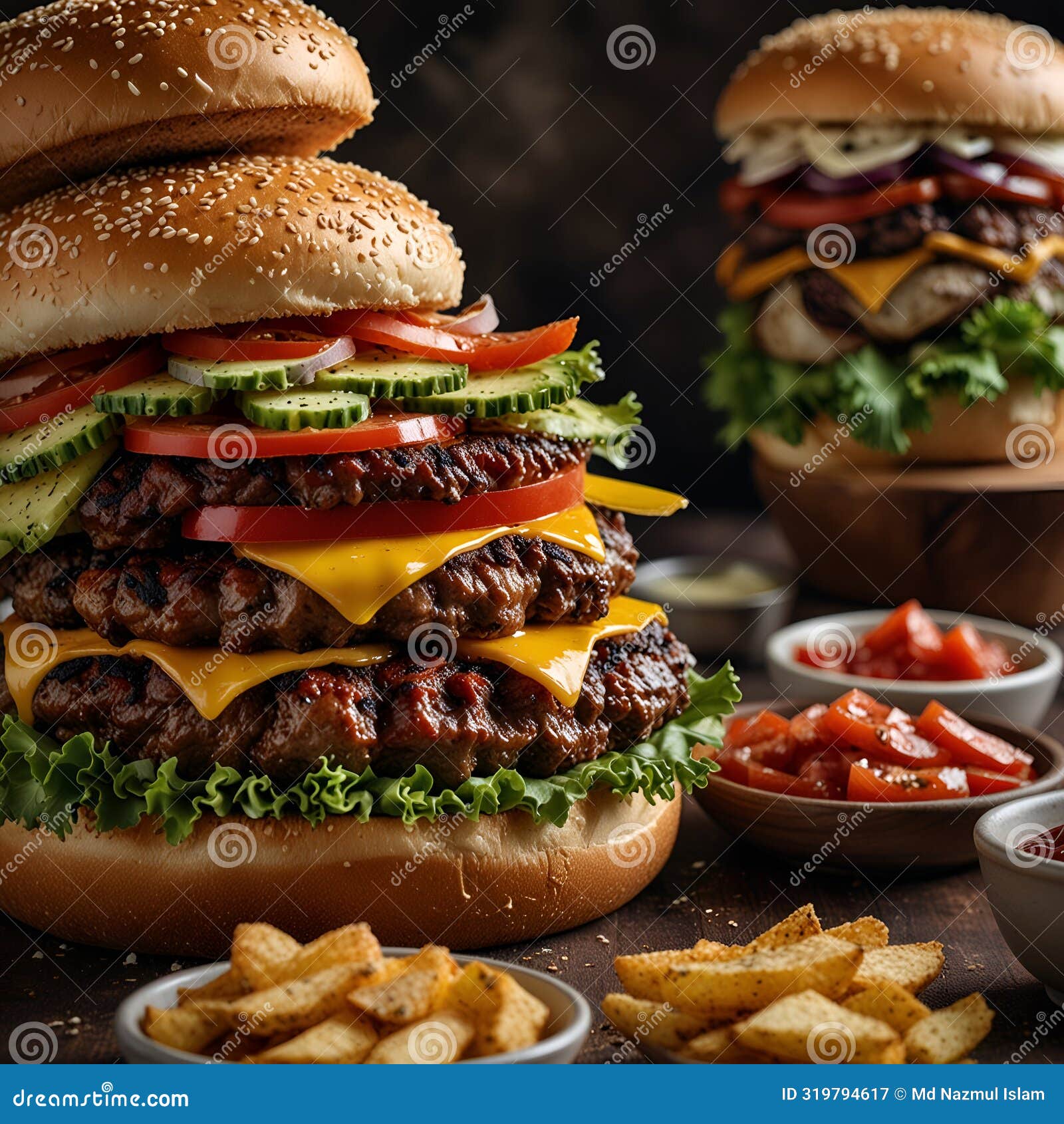Side View of Delicious Hamburger in Restaurant Kitchen with Fire Stock ...