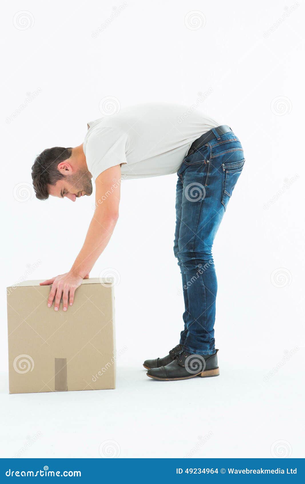Side View of Delivery Man Picking Cardboard Box Stock Photo - Image of ...