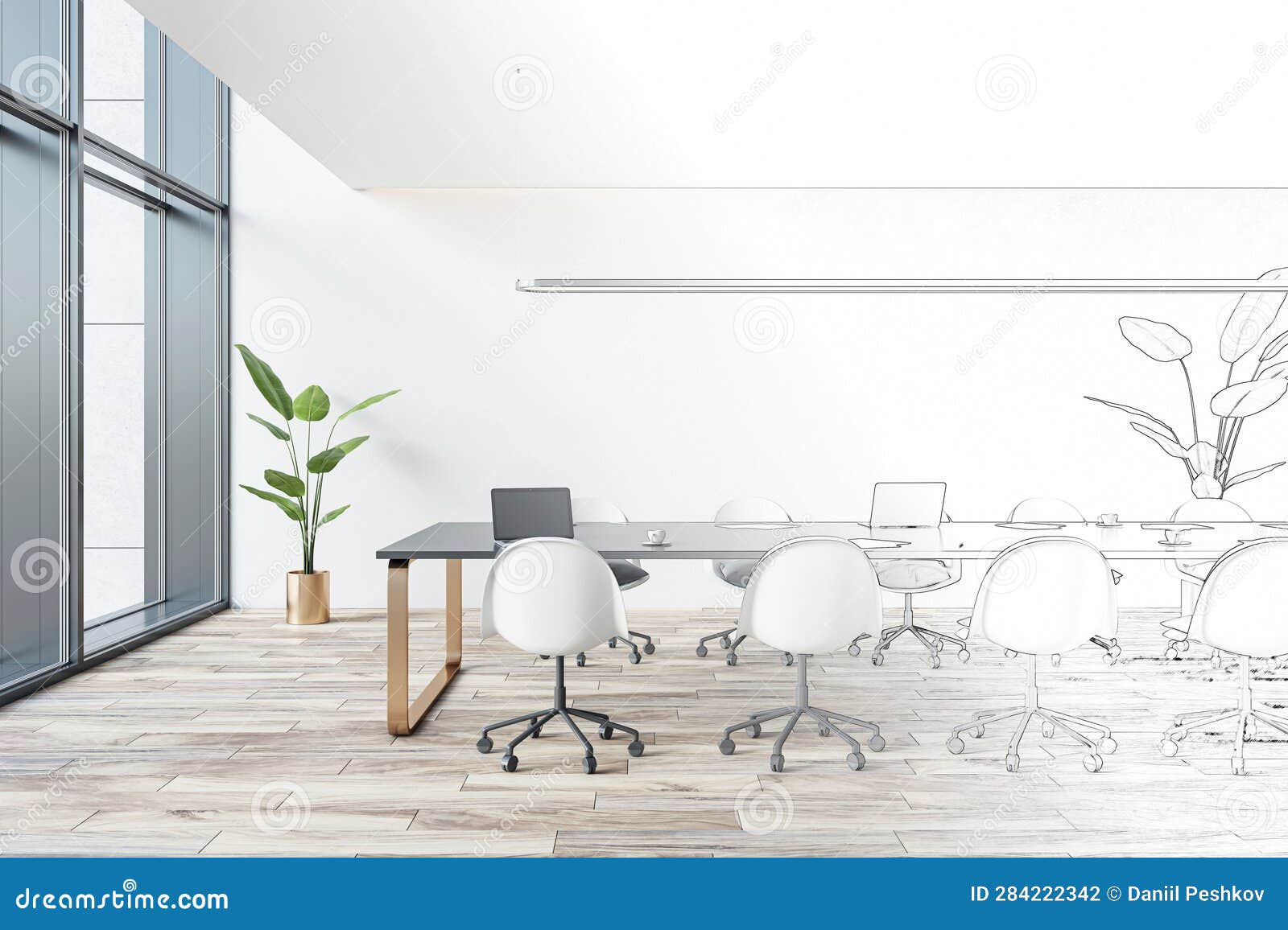 Side View of Design Project of Conference Room with Office Table and ...