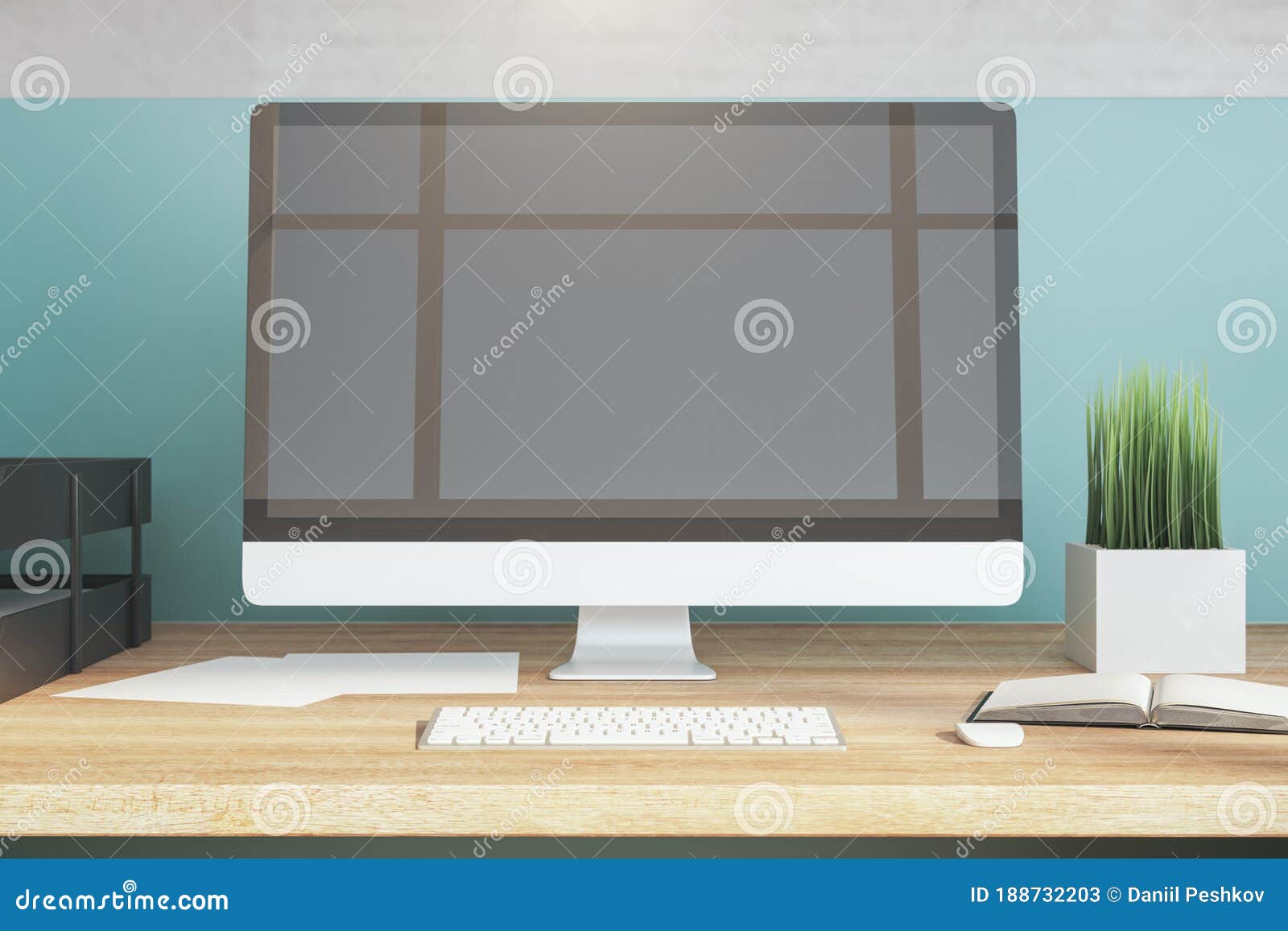Side View Designer Desktop with Blank Black Computer Screen Editorial ...