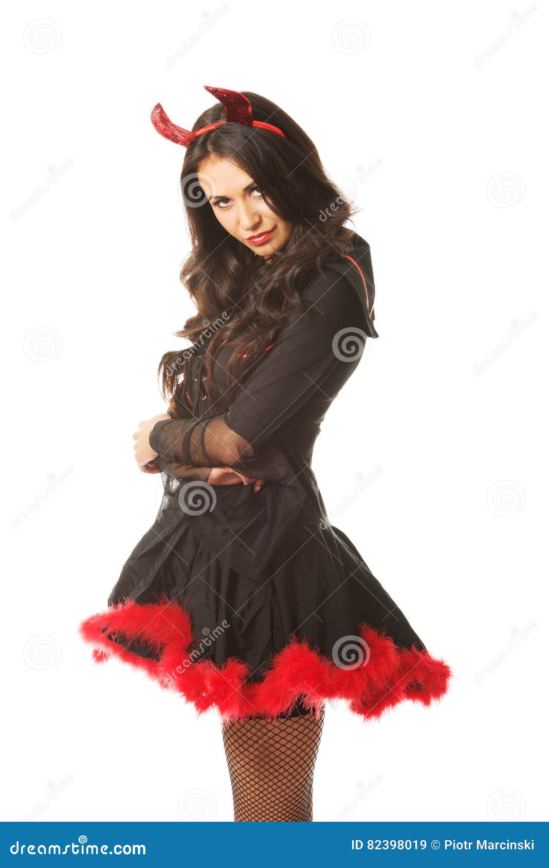 Side View of Devil Woman Standing in Nervous Pose with Folded Hands ...