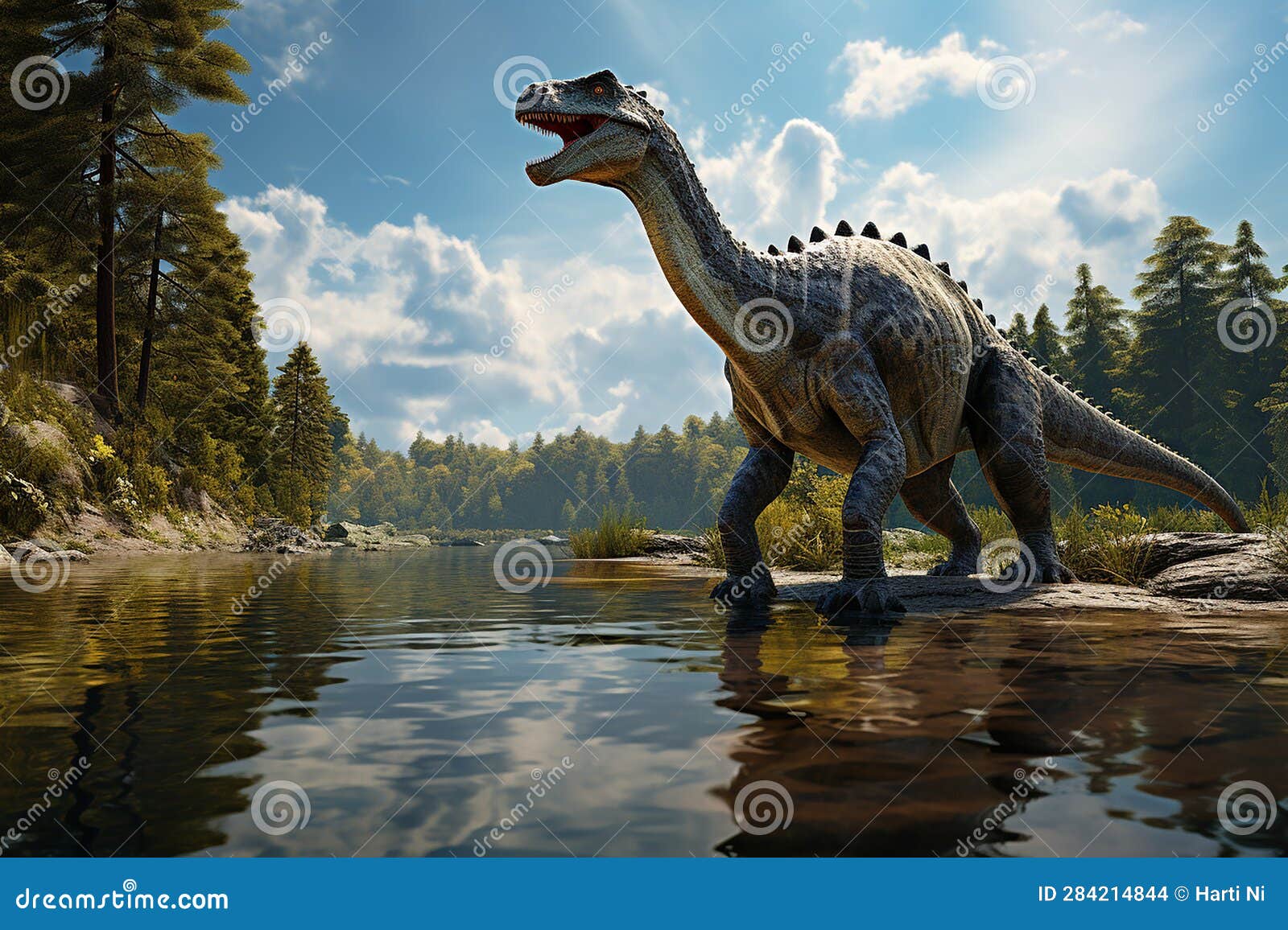 Side View of Dinosaur Standing by the River with Nature View Background ...