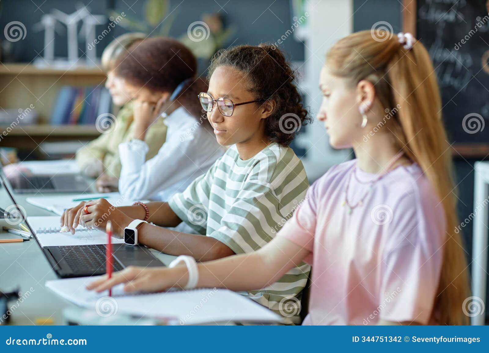 Group of Kids in Row in Class Using Computer Stock Photo - Image of ...