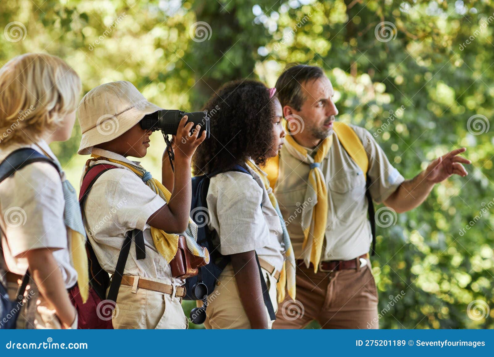 Side View at Diverse Group of Scouts in Forest Looking in Binoculars ...