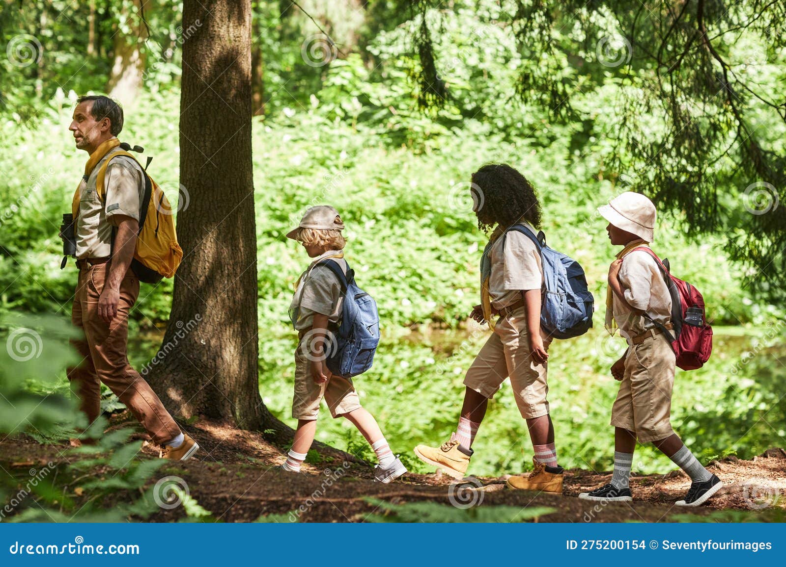 Side View at Diverse Group of Scouts Hiking Lit by Sunlight Stock Photo ...