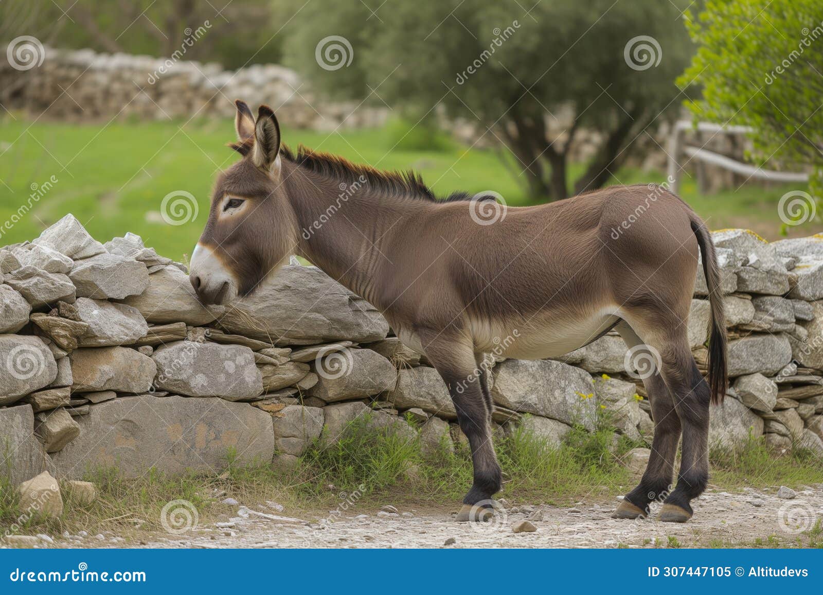Side View of a Donkey Standing beside an Old Stone Wall Stock Image ...