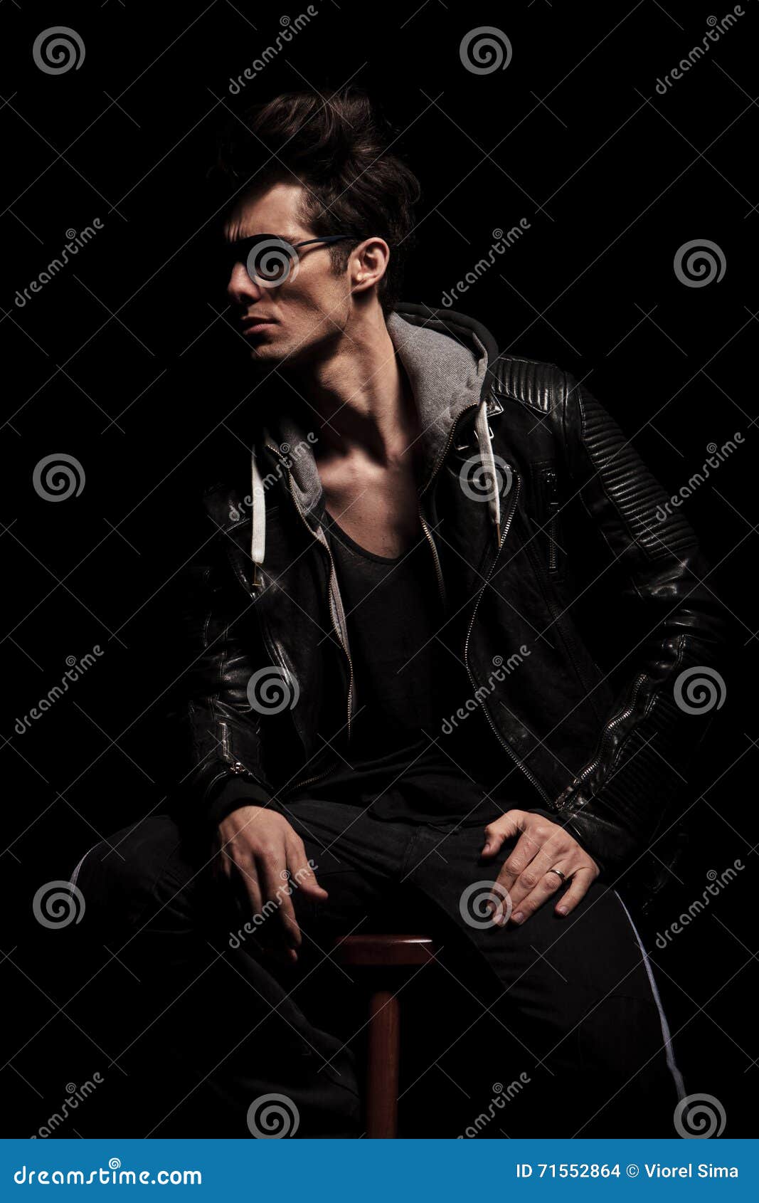 Side View of Dramatic Young Man in Leather Jacket Stock Photo - Image ...