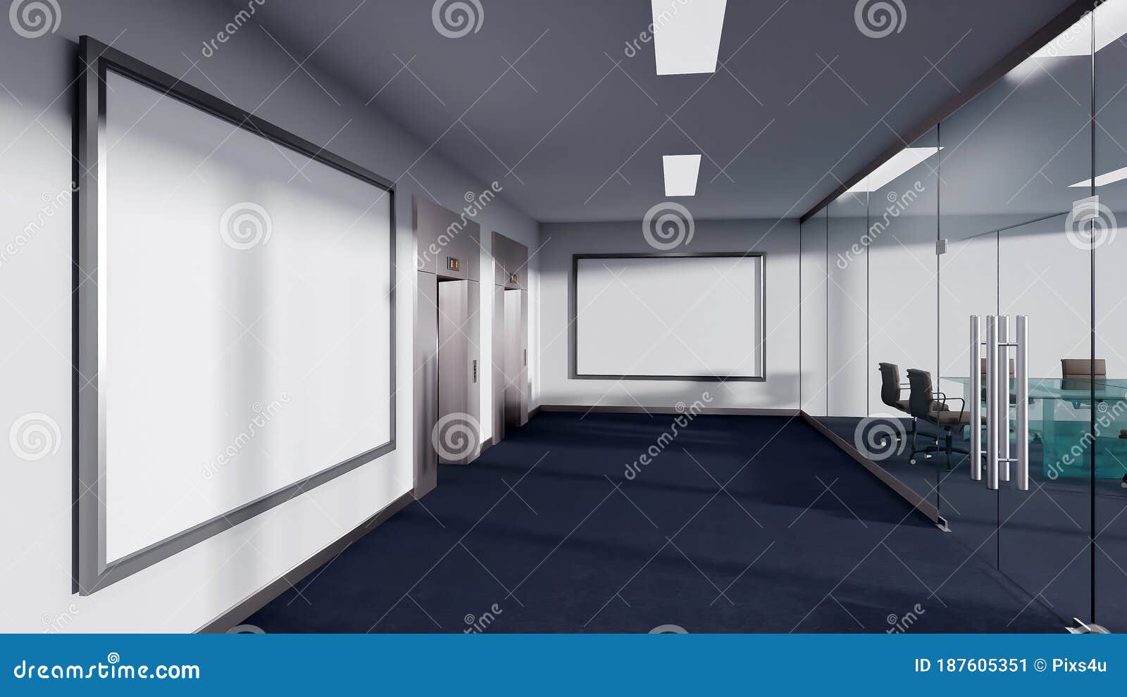 Side View with Elevator and Meeting Room 3D Rendering Stock ...