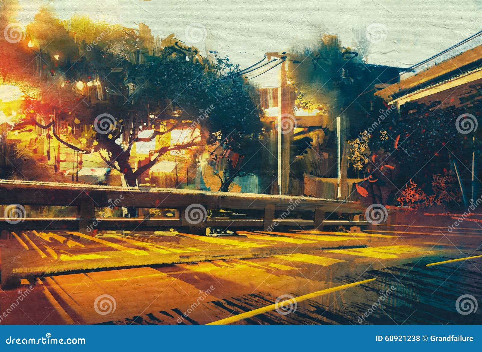 Side View on Empty Street Landscape at Sunset Stock Illustration ...