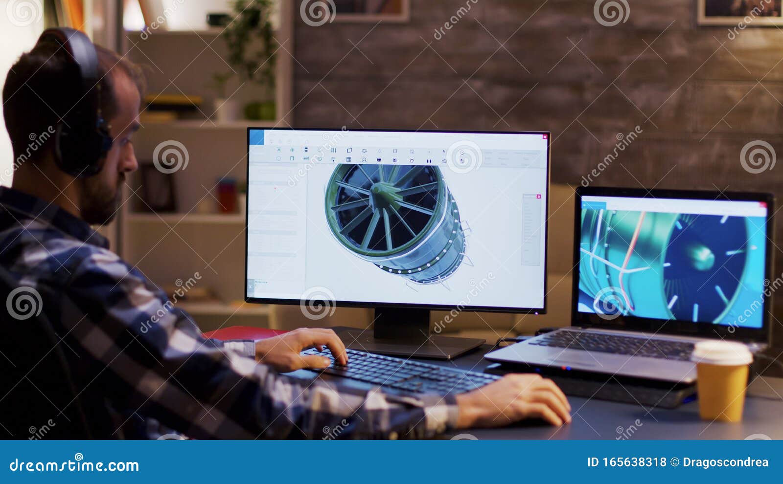 Side View of Engineer Wearing Headphones and Working on a Turbine Stock ...