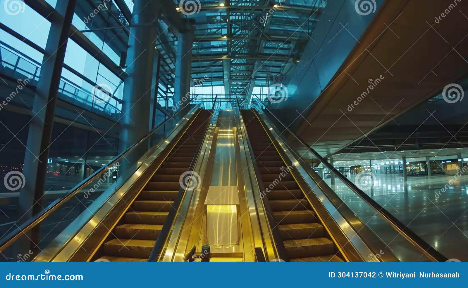 Side View of Escalator on Wall Background with Three Blank Light Boxes ...