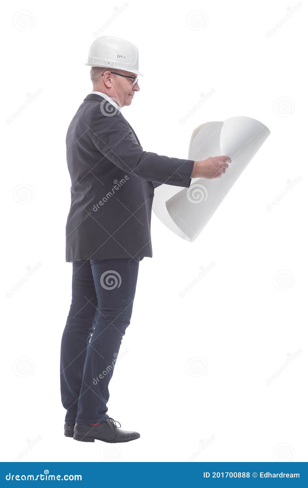 Side View. Experienced Architect Carefully Reading the New Drawing ...