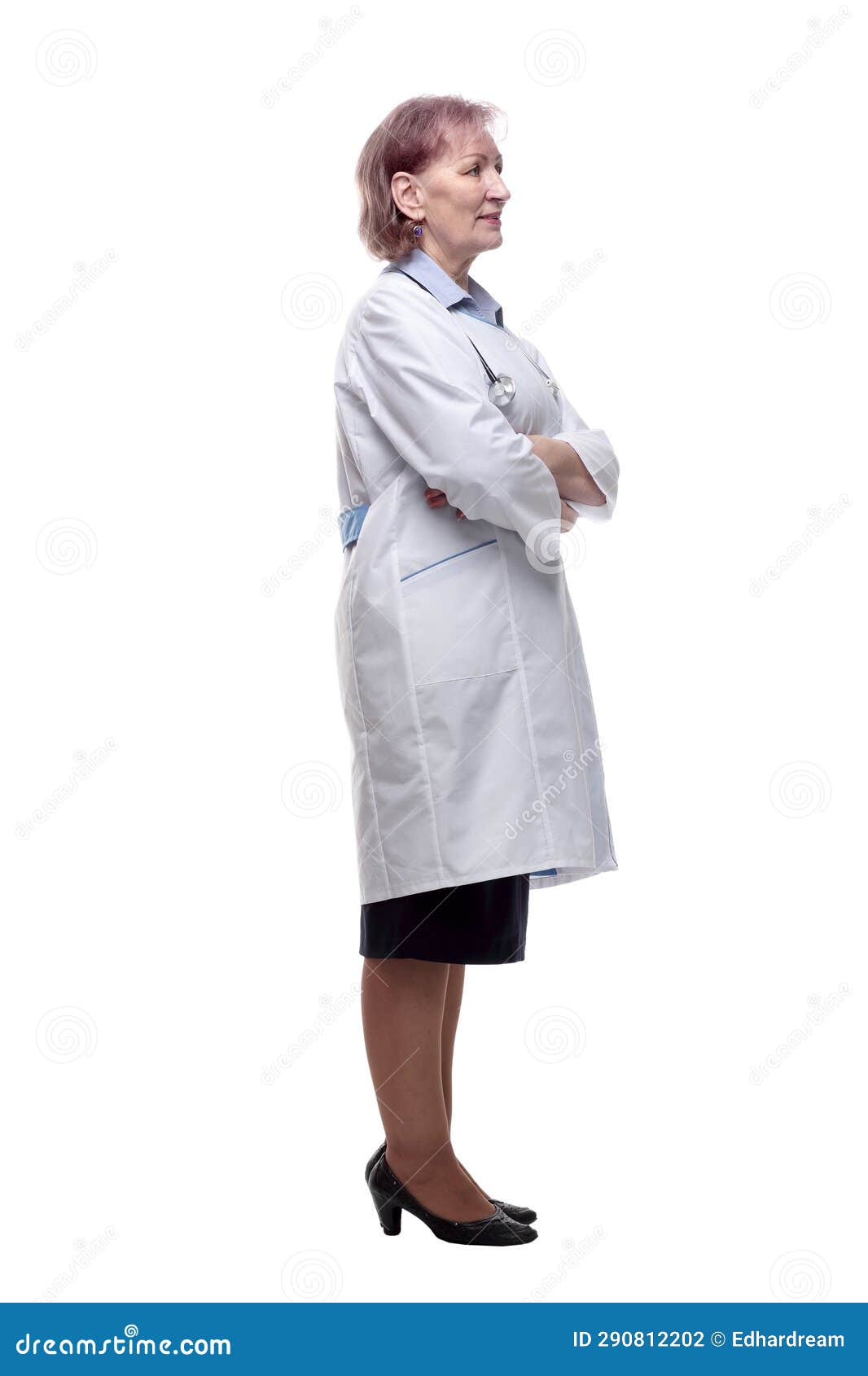Side View. Female Doctor Looking at a White Screen Stock Photo - Image ...