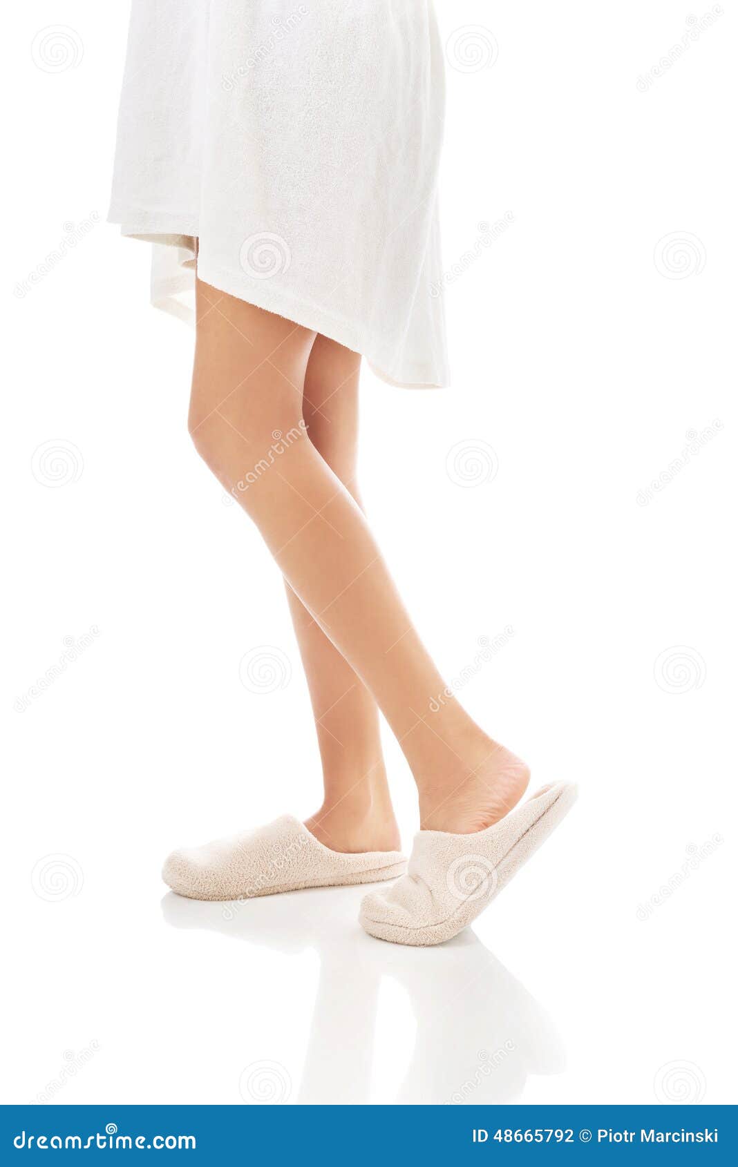 Side View of Female Feet in White Slippers Stock Photo - Image of ...