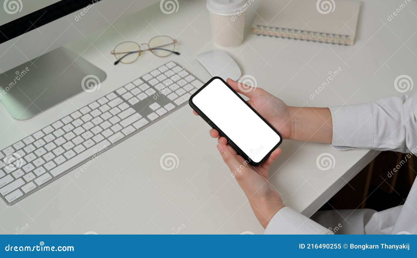 Female Hand Using Smartphone Include Clipping Path Screen on Computer ...