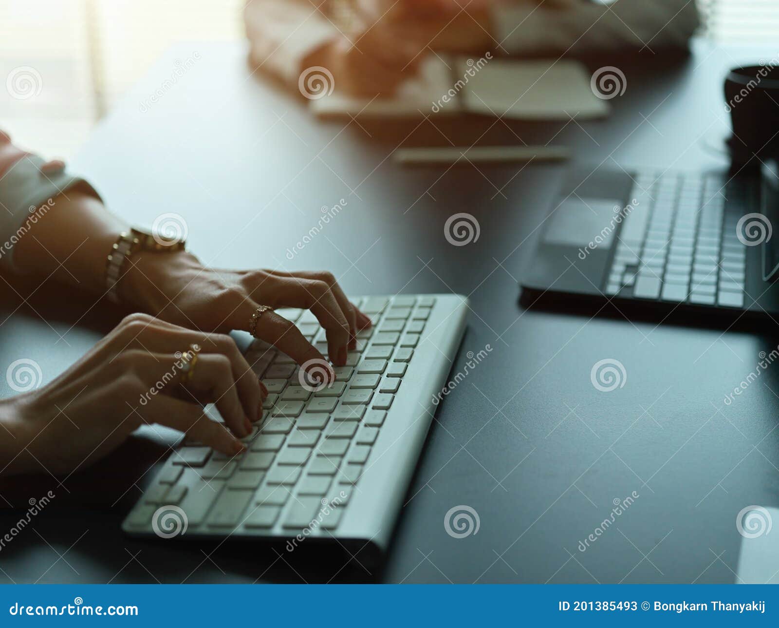 Side View of Female Hands Typing on Wireless Computer Keyboard Stock ...