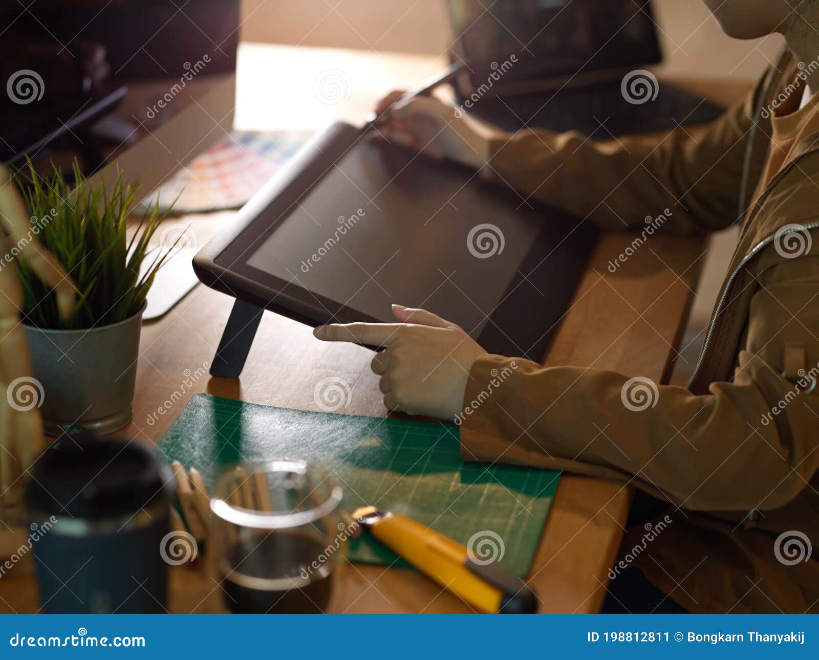 Female Hands Working with Drawing Tablet and Computer on Worktable ...