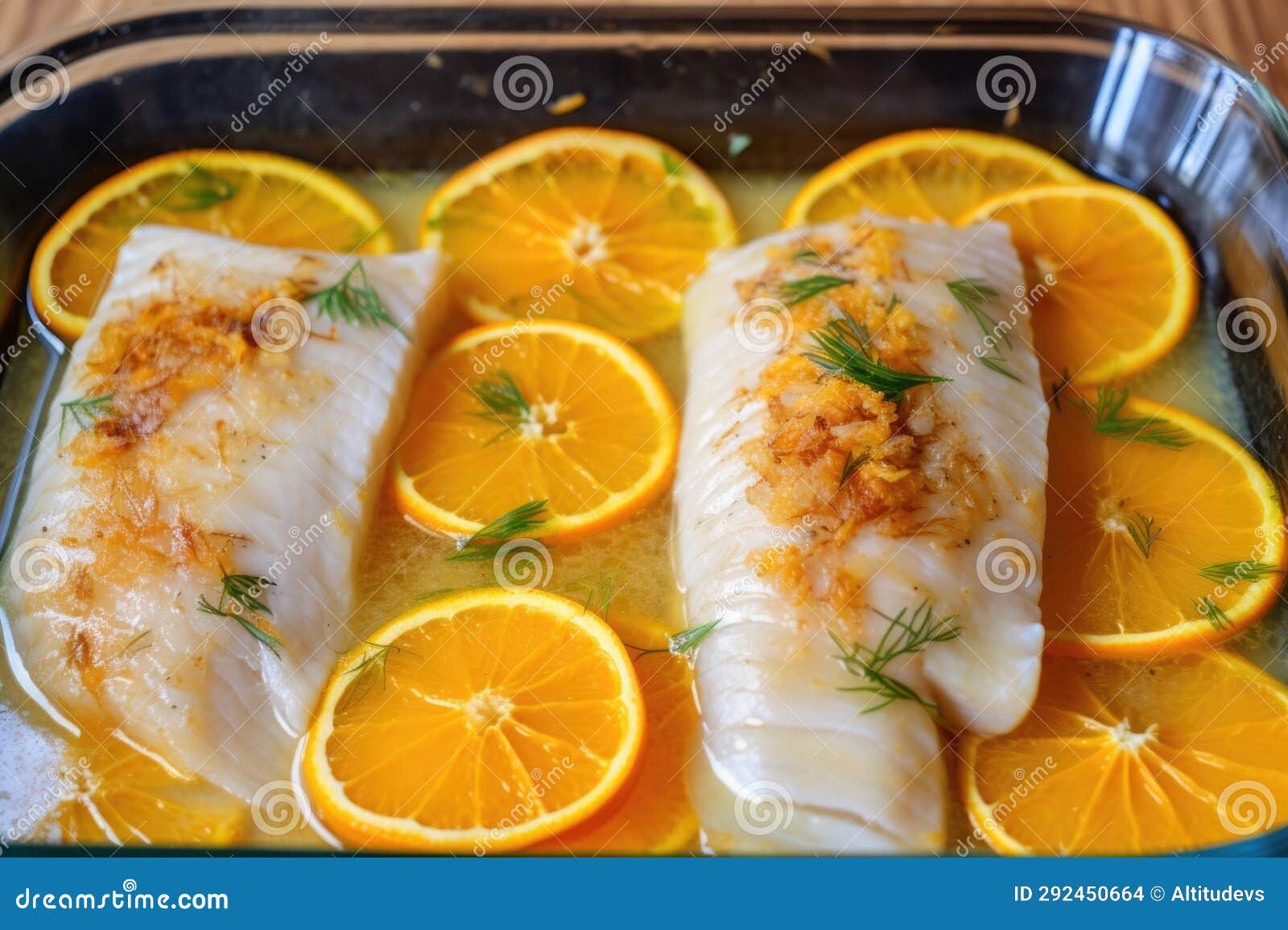 Side View of Fish Fillets Marinating with Thinly Sliced Oranges Stock ...