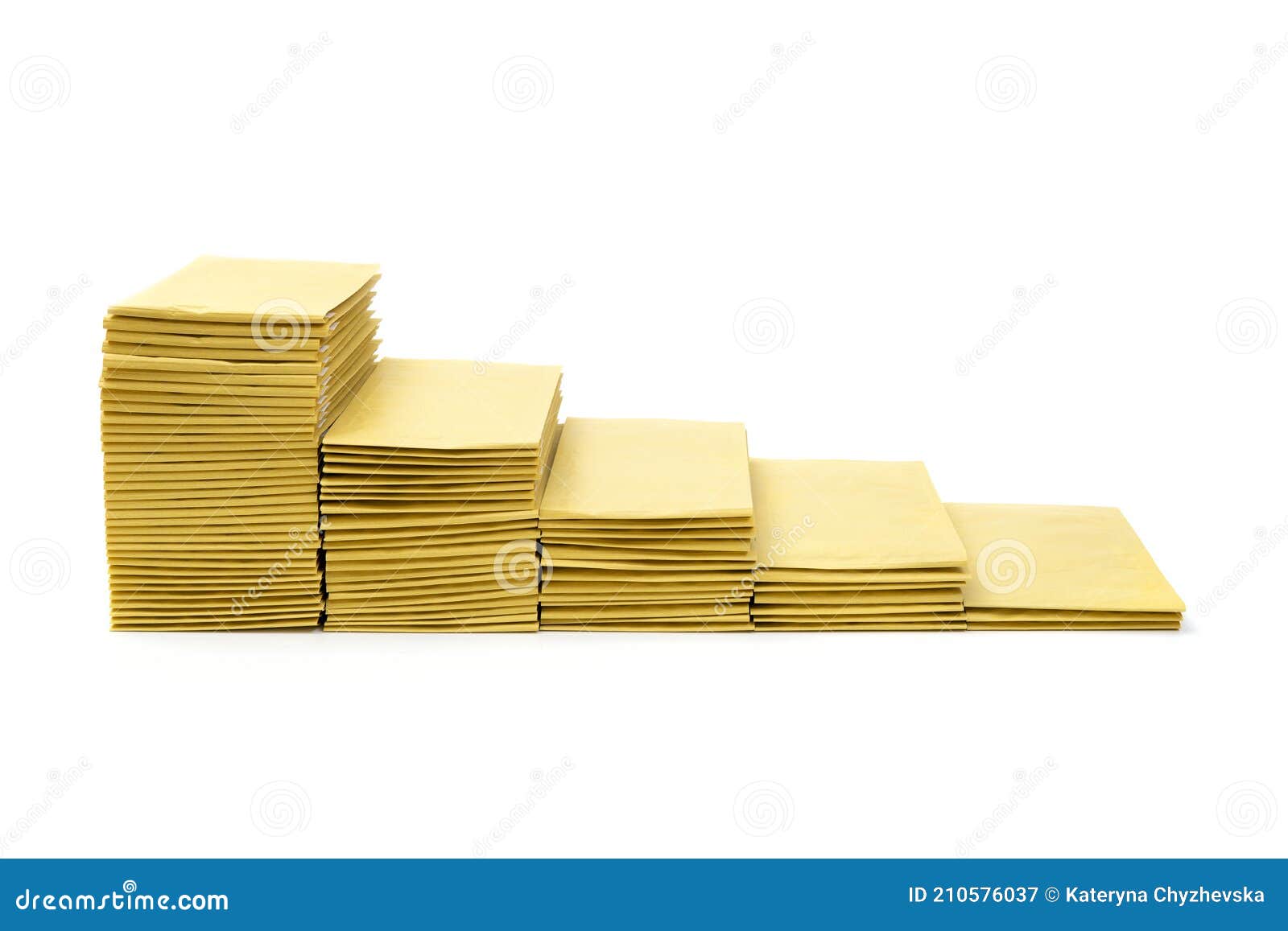 Side View of Five Stacks of Yellow Mail Envelopes Arranged in ...
