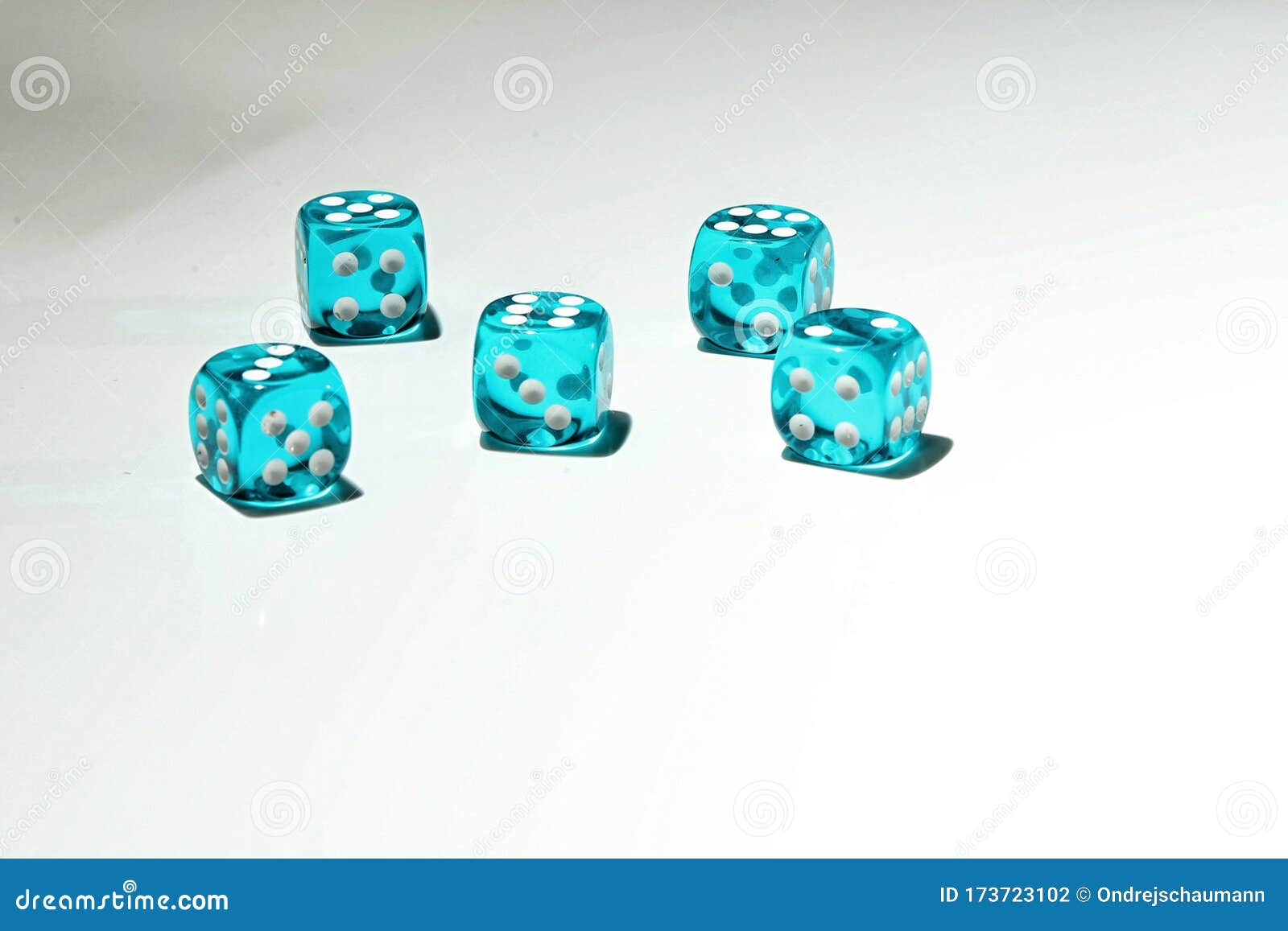 Side View of Five Transparent Blue Dice on White Background Stock Photo ...