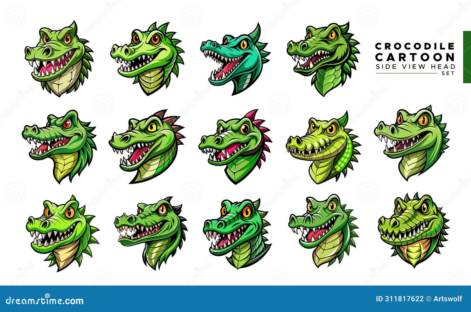 Side View of Flat Cartoon Crocodile Head Sticker Design Set Stock ...