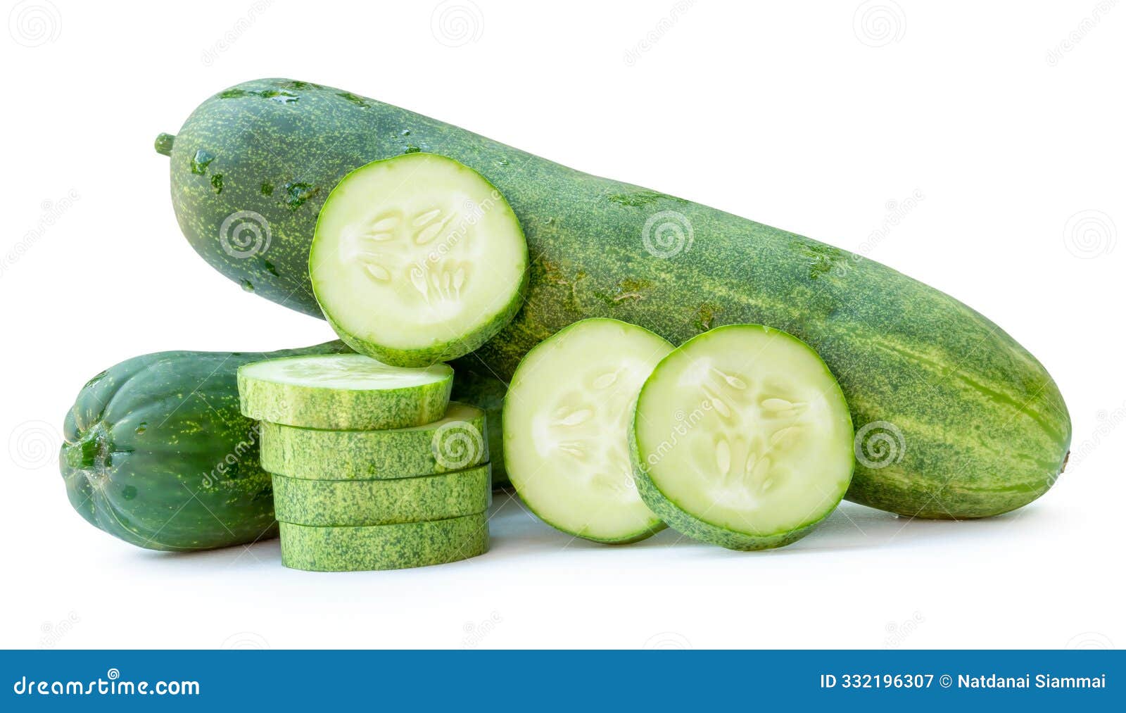 Side View of Fresh Green Cucumbers with Slices in Circle Shape Isolated ...