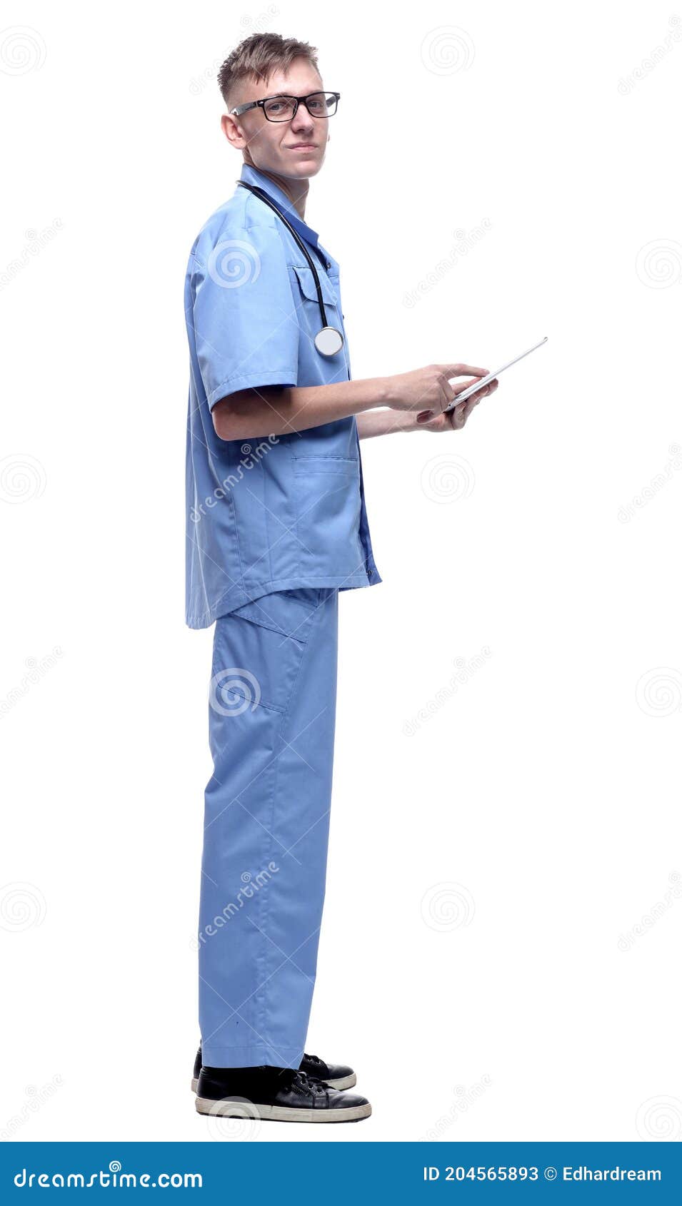 Side View. Friendly Young Doctor Using a Digital Tablet Stock Image ...