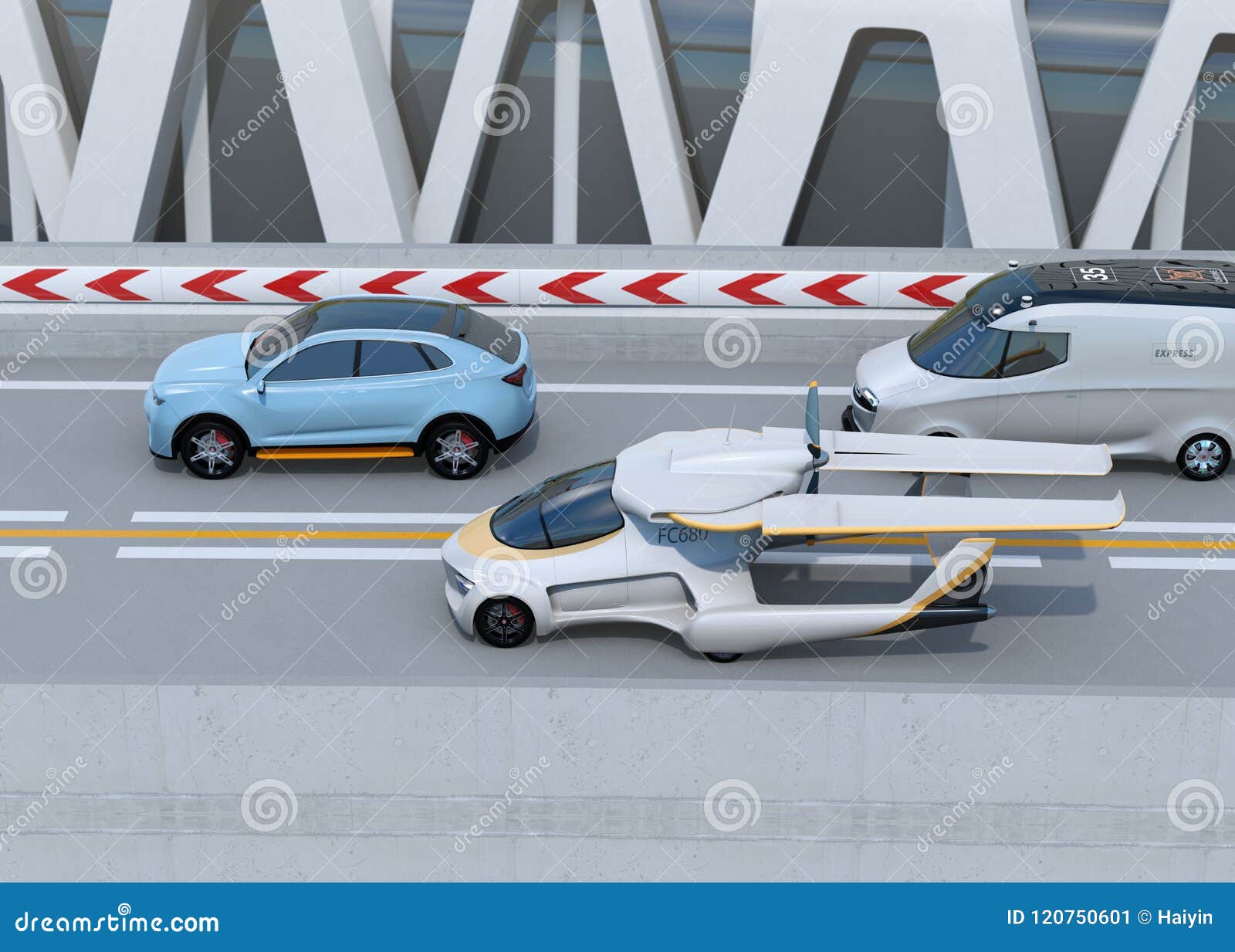Side View of Futuristic Flying Car Driving on the Highway Stock ...