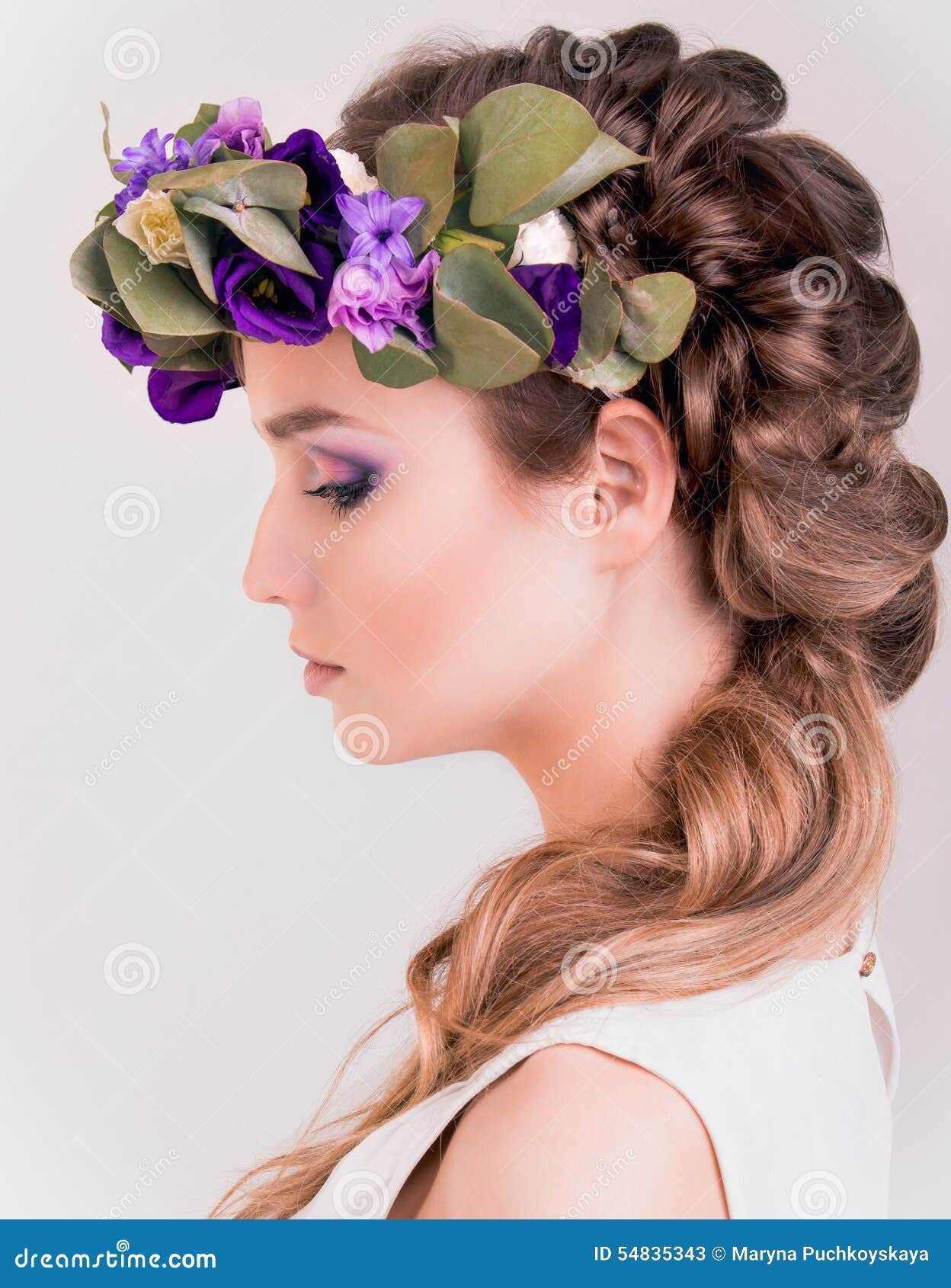 Side View of a Girl with Flower Crown Posing in Stock Image - Image of ...
