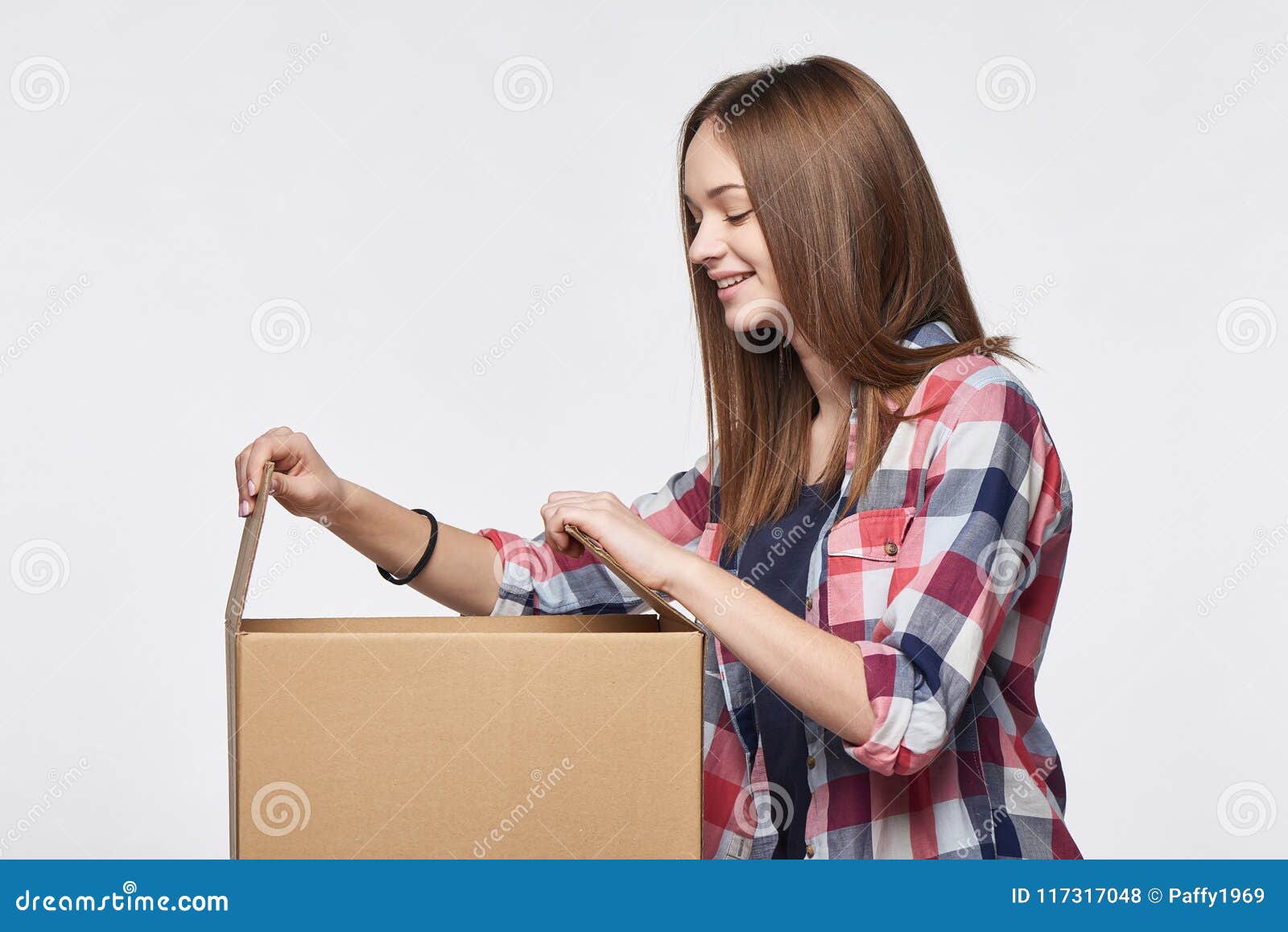 Side View a Girl Opening a Box Stock Photo - Image of female, post ...