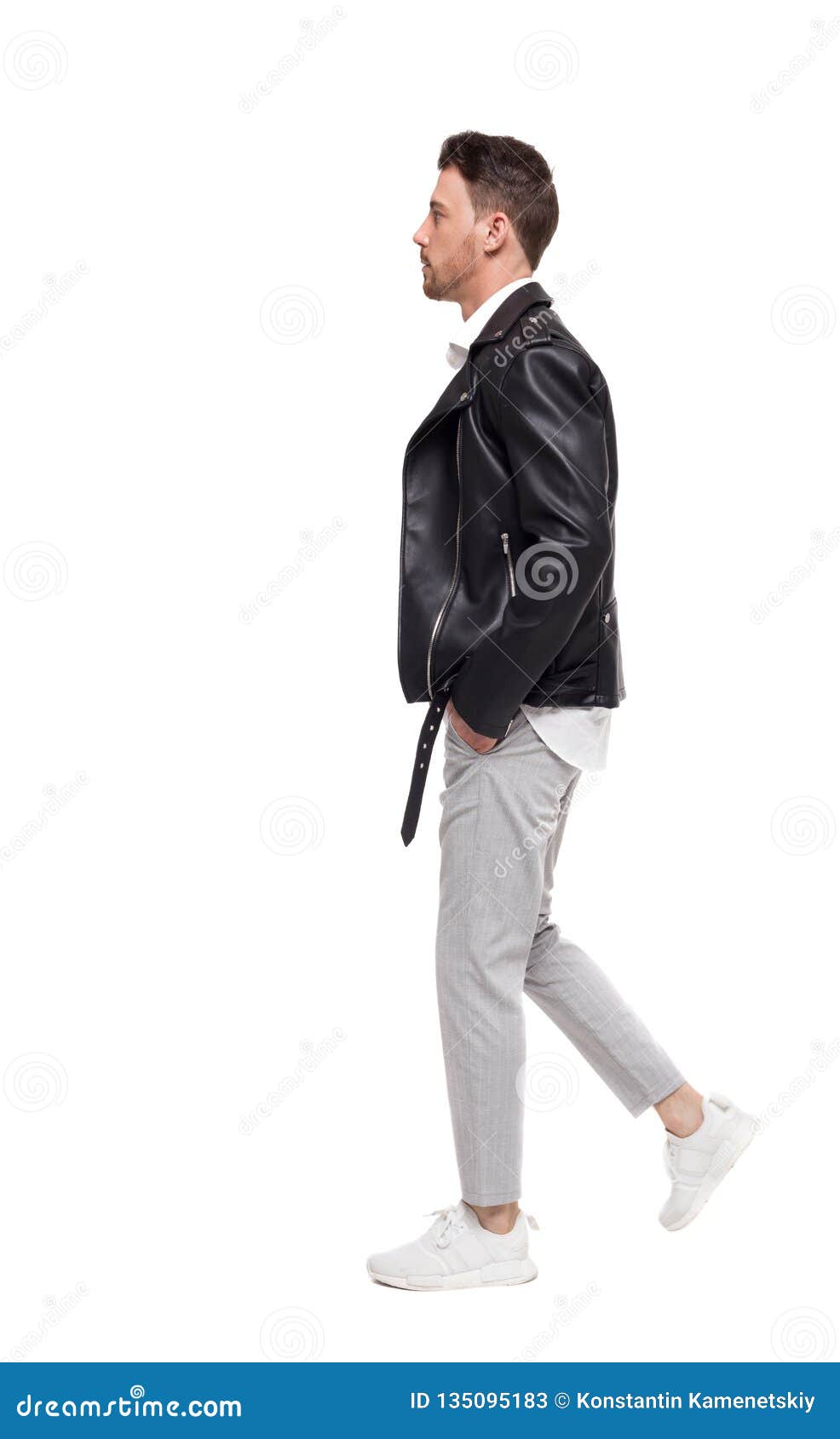 Side View of Going Handsome Man in a Leather Jacket and Trouser Stock ...