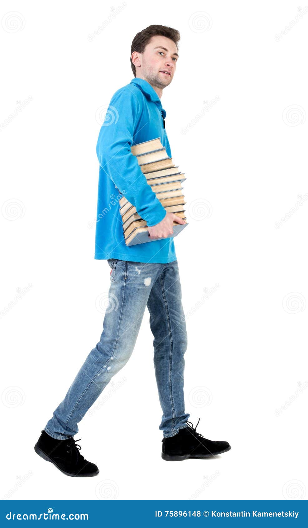 Side View of Going Man Carries a Stack of Books. Stock Photo - Image of ...