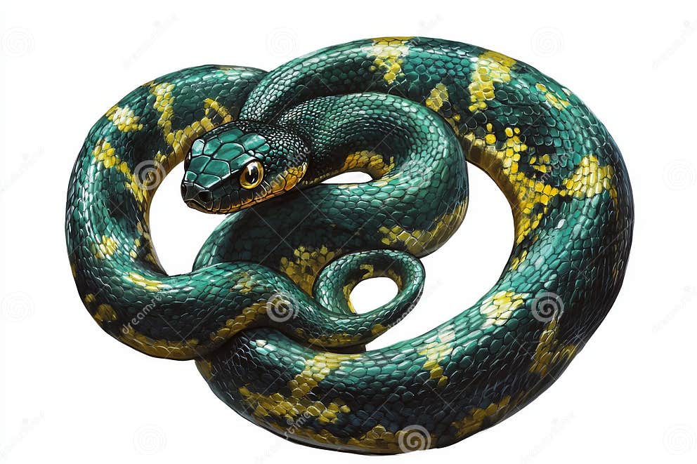 A Side View of a Green Snake, Gracefully Coiled, Isolated on a White ...