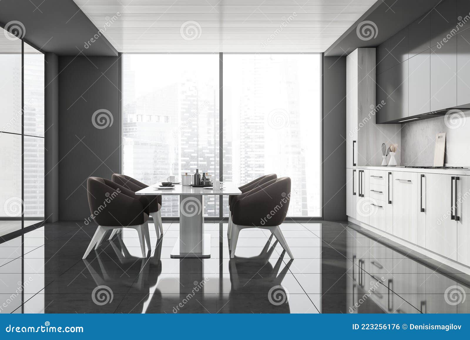 Side View of Grey Panoramic Kitchen with Brown Chairs, Wooden Elements ...