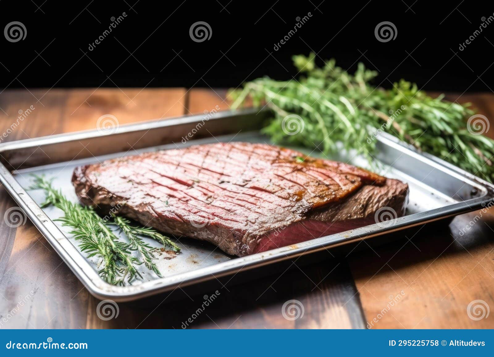 Side View of a Grilled Flank Steak on a Rustic Metal Tray Stock Photo ...
