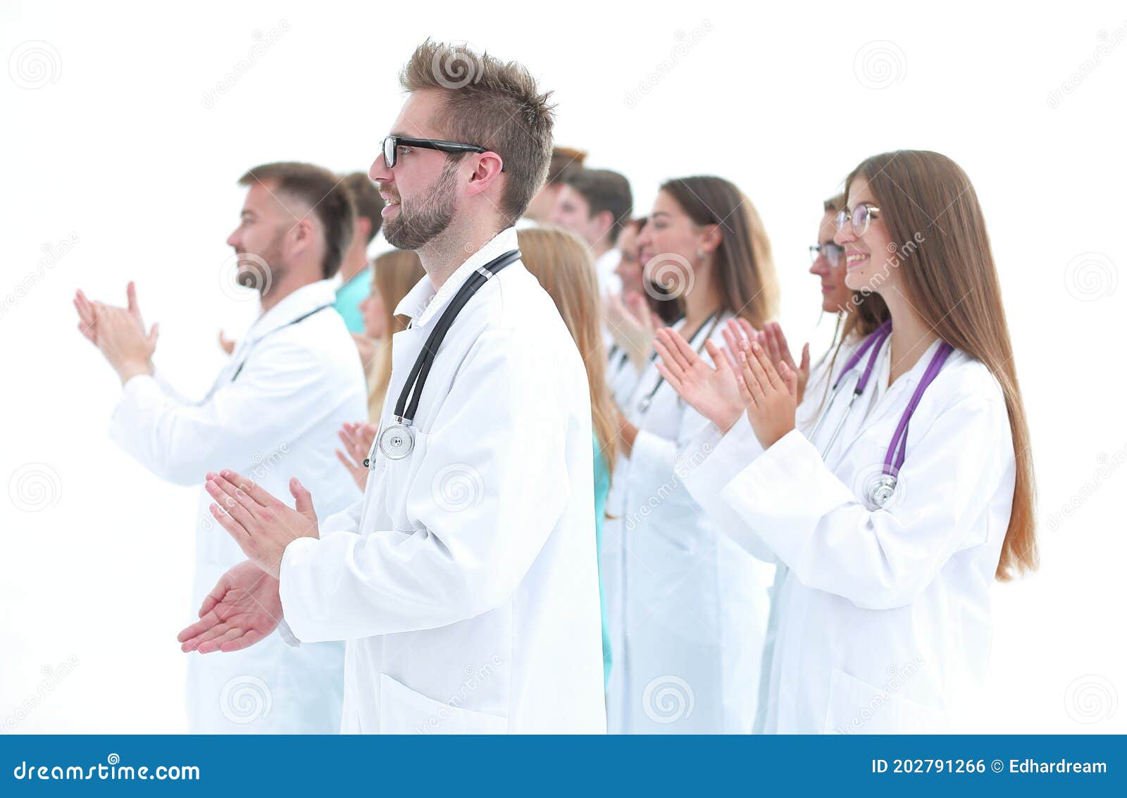Side View. a Group of Diverse Doctors Gives a Standing Ovation Stock ...