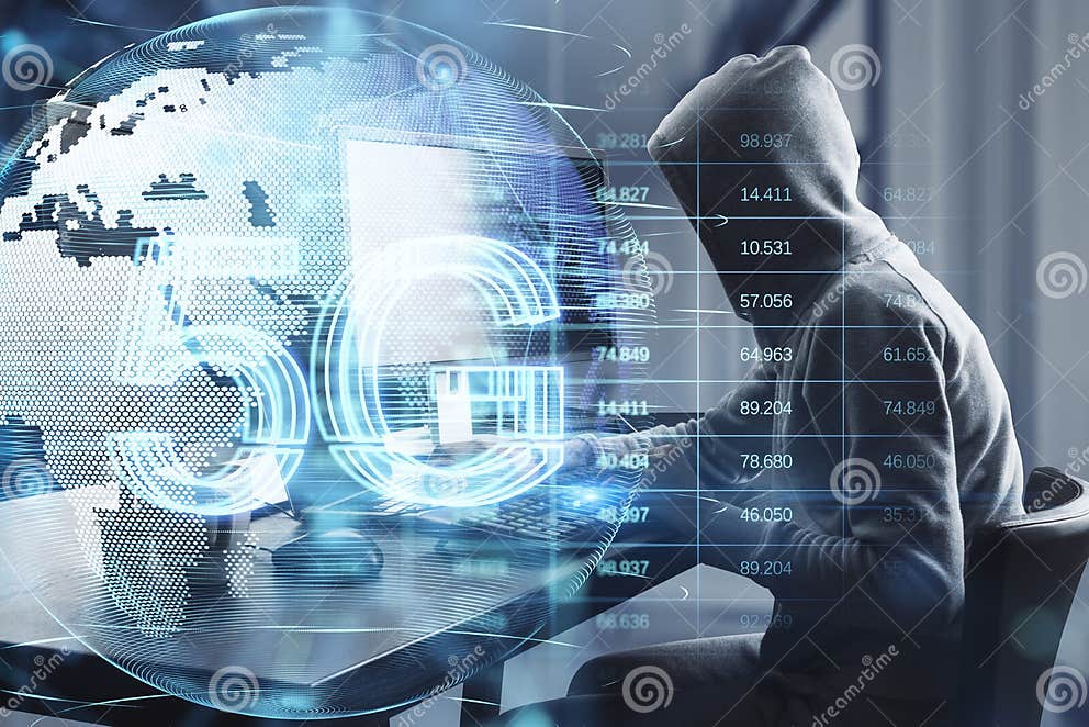 Side View of Hacker at Desk Using Computers with Glowing Planet Earth Globe Hologram with 5G and ...