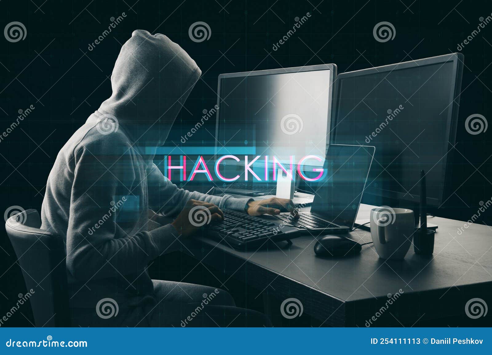 Side View Of Hacker At Desktop Using Computers With Abstract Creative Digital Text Hologram On