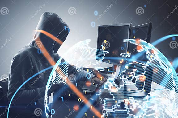 Side View of Hacker at Desktop Using Computers with Glowing Globe ...